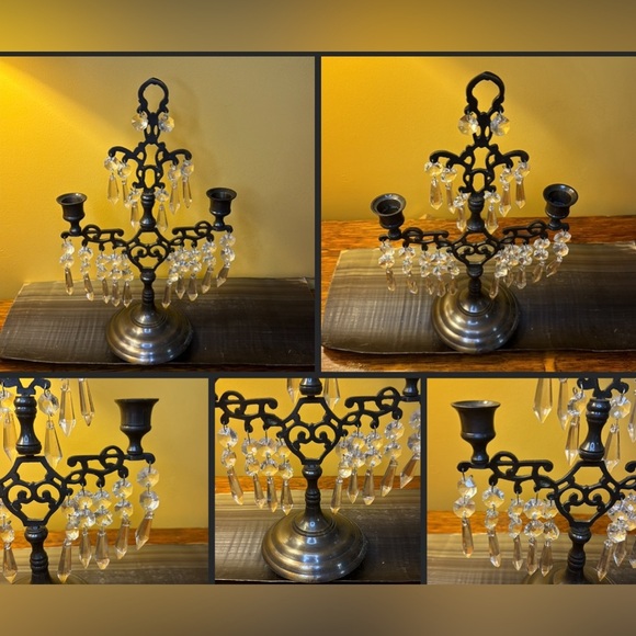 Vintage | Accents | Vintage Art Deco Cast Iron Crystal Candelabra ...